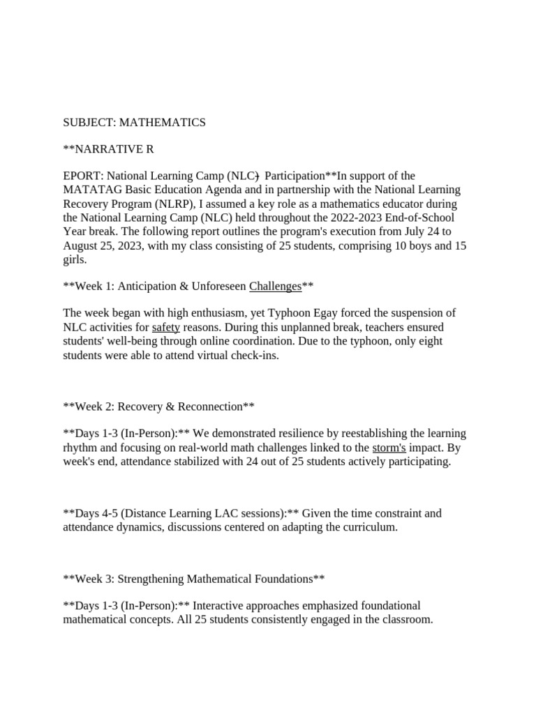 NLC NARRATIVE REPORT | PDF | Learning | Distance Education