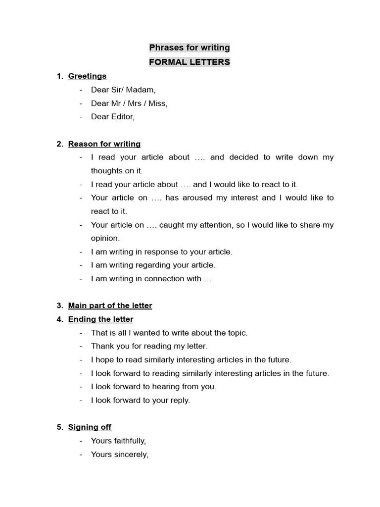 Formal Letter Writing Phrases Guide | PDF