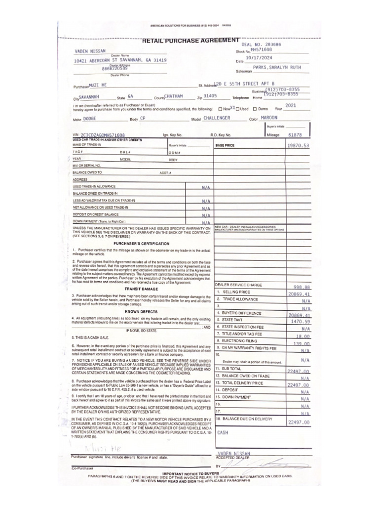 Retail Purchase Agreement | PDF