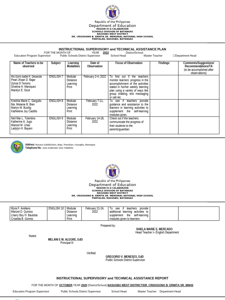 MERCADO JANUARY-2022-INSTRUCTIONAL-SUPERVISORY-and-TECHNICAL-ASSISTANCE-PLAN | PDF | Teaching ...