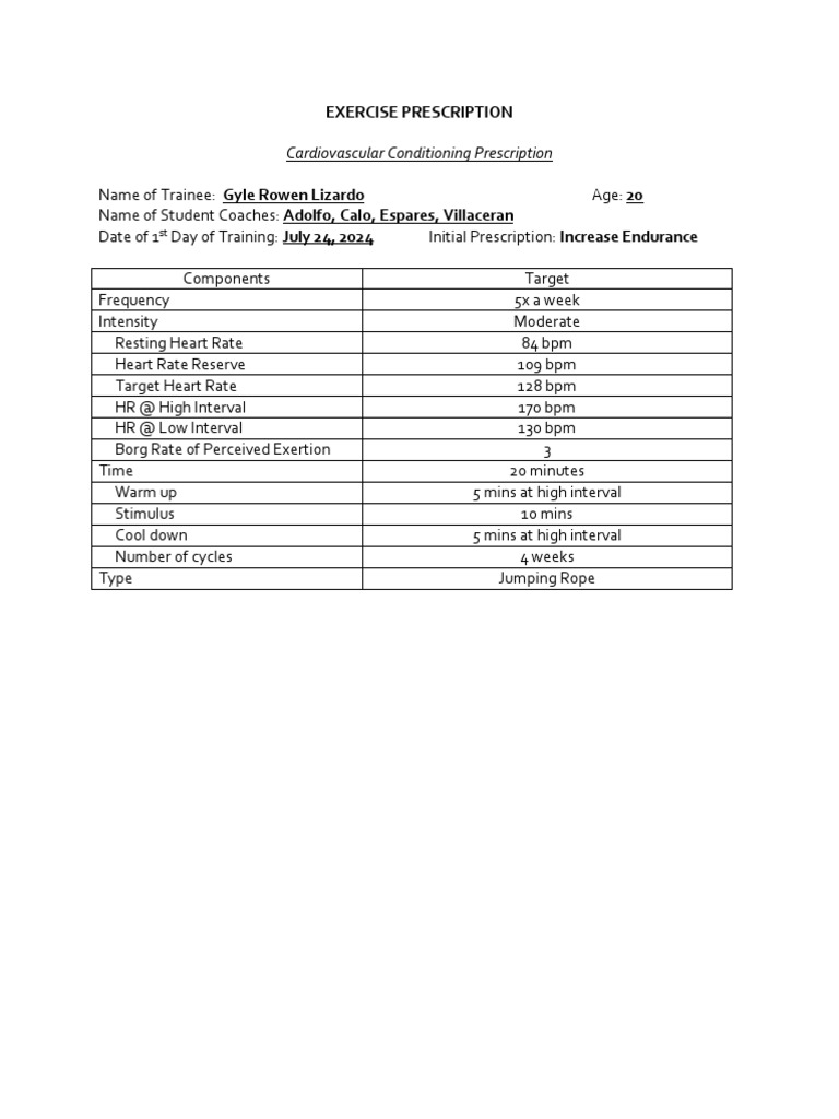 PED-032-Exercise-Prescription-Form-for-Gyle-Rowen-Lizardo | PDF | Heart Rate | Strength Training
