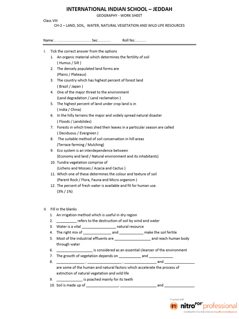 CBSE Class 8 Geography Worksheet - Land Soil Water | PDF | Soil | Forests