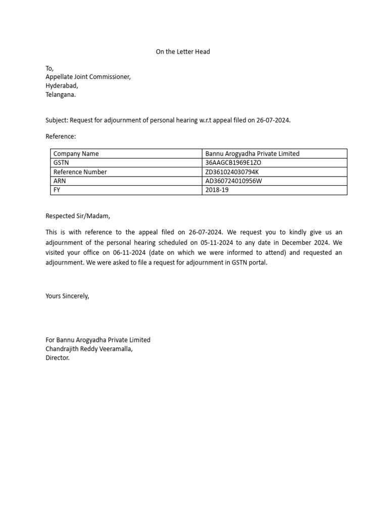 Adjournment Letter | PDF