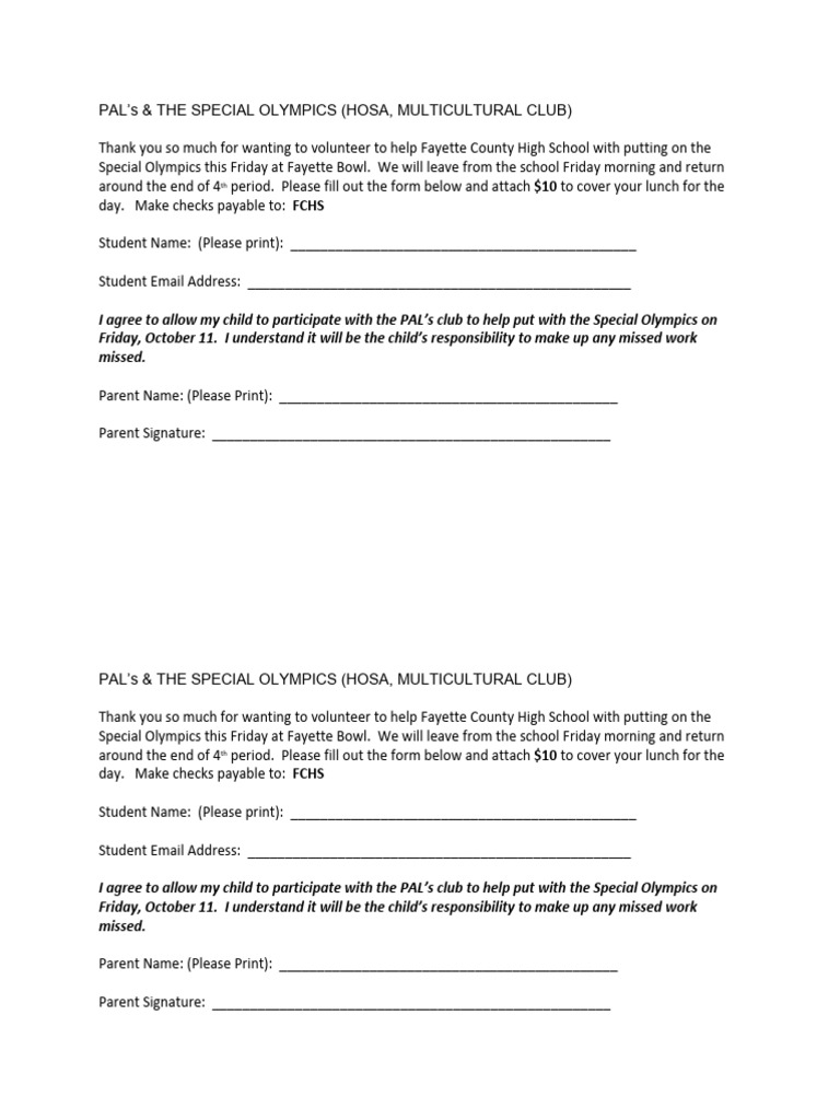 PALS Special Olympics Form - HOSA | PDF