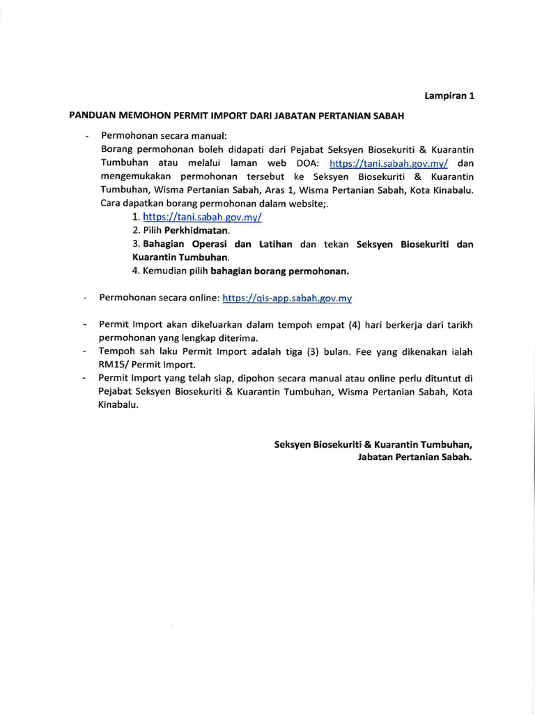 Panduan Memohon Permit Import Dari Jabatan Pertanian Sabah | PDF