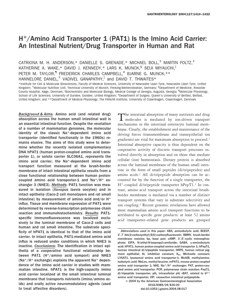 Amino and Imino Acid Trasporter PAT1 | PDF | Cell Membrane | Proteins