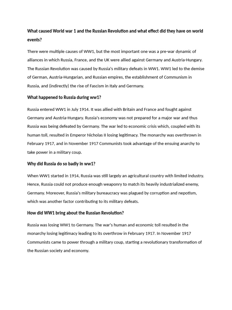 What Caused World War 1 and The Russian Revolution and What Effect Did ...