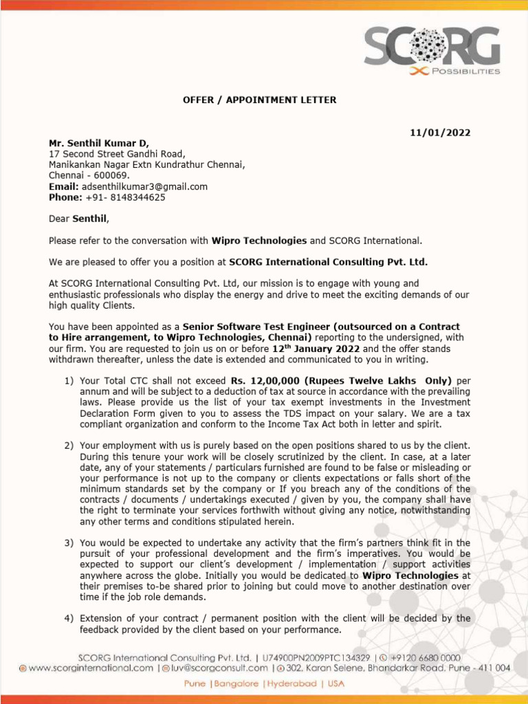 SCORG Offer_Senthil Kumar D | PDF | Salary | Employment