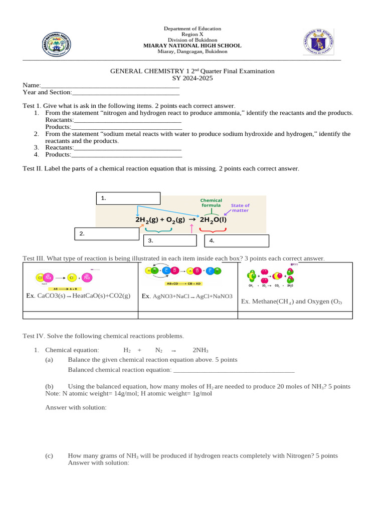 General Chemistry 1 Final Exam 2024-2025 | PDF | Chemical Reactions ...