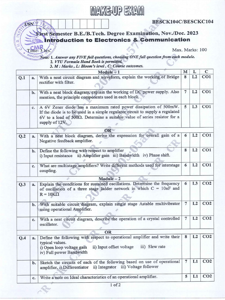 Make-Up VTU Question Paper of BESCK104C Introduction To Electronics - Communication Nov-Dec-2023 ...