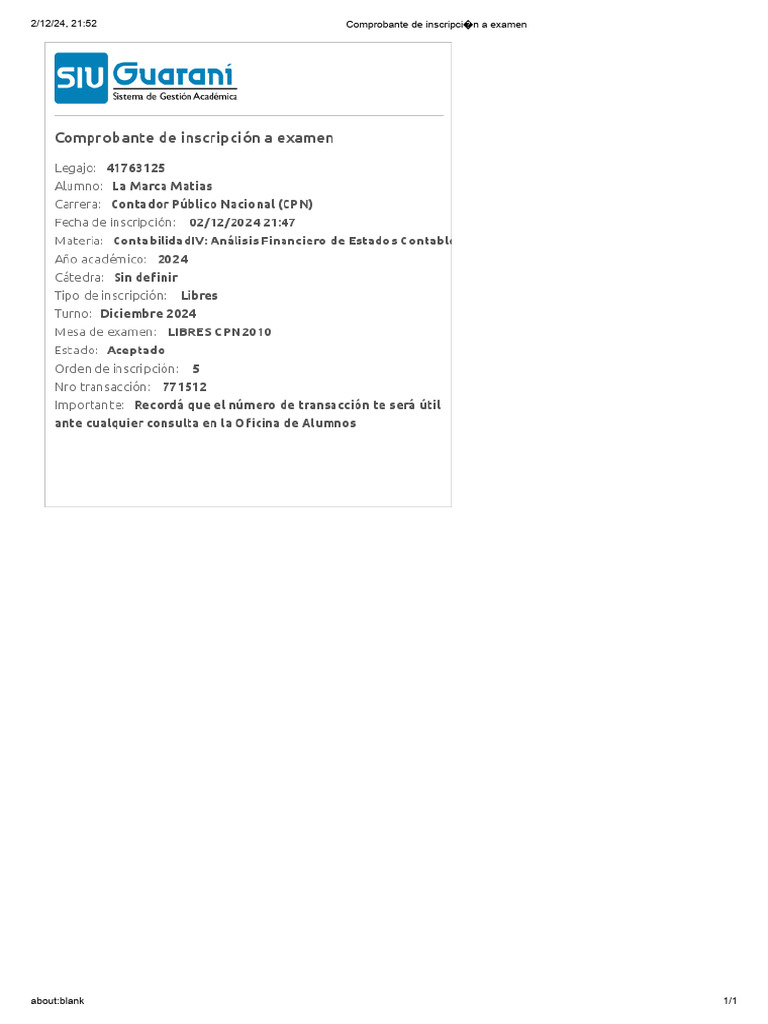 Comprobante de Inscripci N A Examen - CONTA 4 | PDF