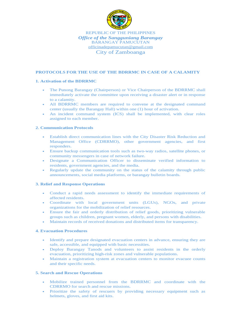 BDRRMC Calamity Response Protocols | PDF | Emergency Evacuation ...