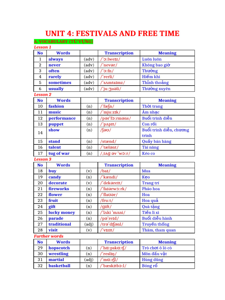 Festivals and Free Time Vocabulary Guide | PDF