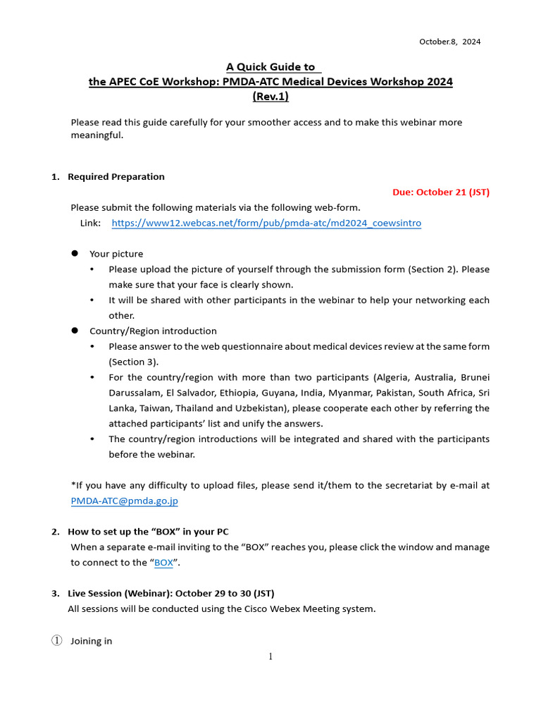 Quick Guide to APEC CoE Workshop PMDA-ATC Medical Devices Workshop 2024_rev1 2 | PDF | Web ...