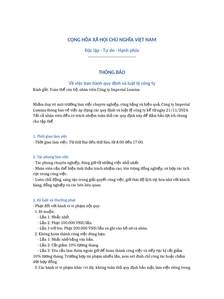 Thong Bao Quy Dinh Cong Ty Imperial Lumina | PDF