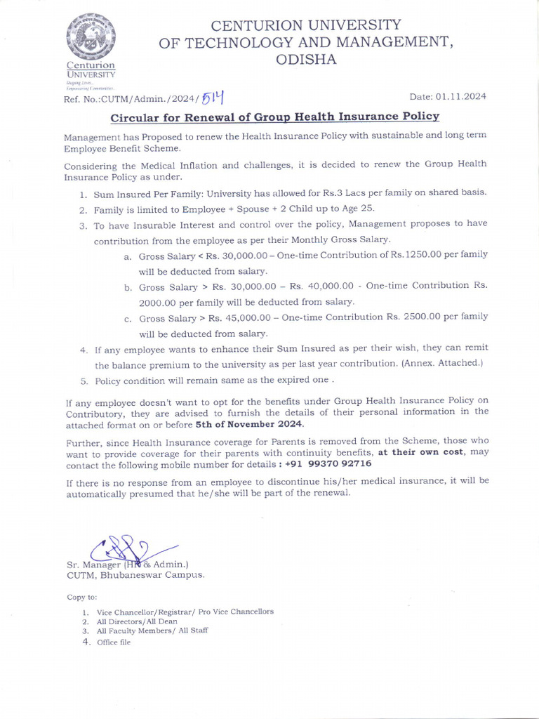 Circular For Renewal of Group Health Insurance Policy 2024-25 | PDF