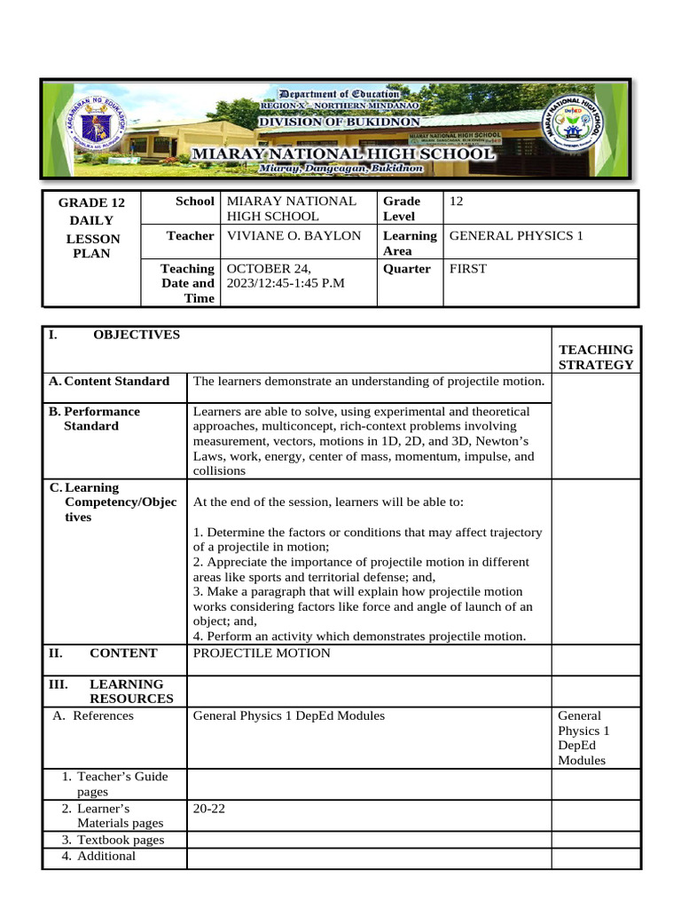 Grade 12 Physics Lesson Plan: Projectile Motion | PDF | Learning | Physics