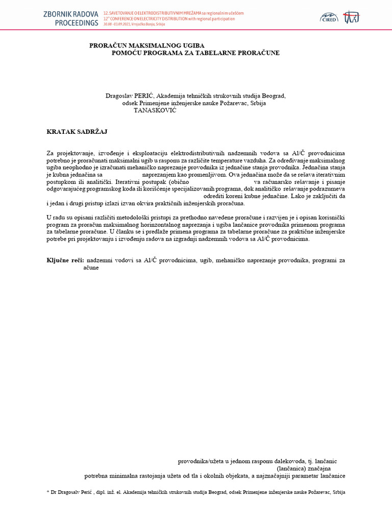 Proracun Maksimalnog Ugiba I Naprezanja Provodnika Pomocu Programa Za Tabelarne Proracune | PDF