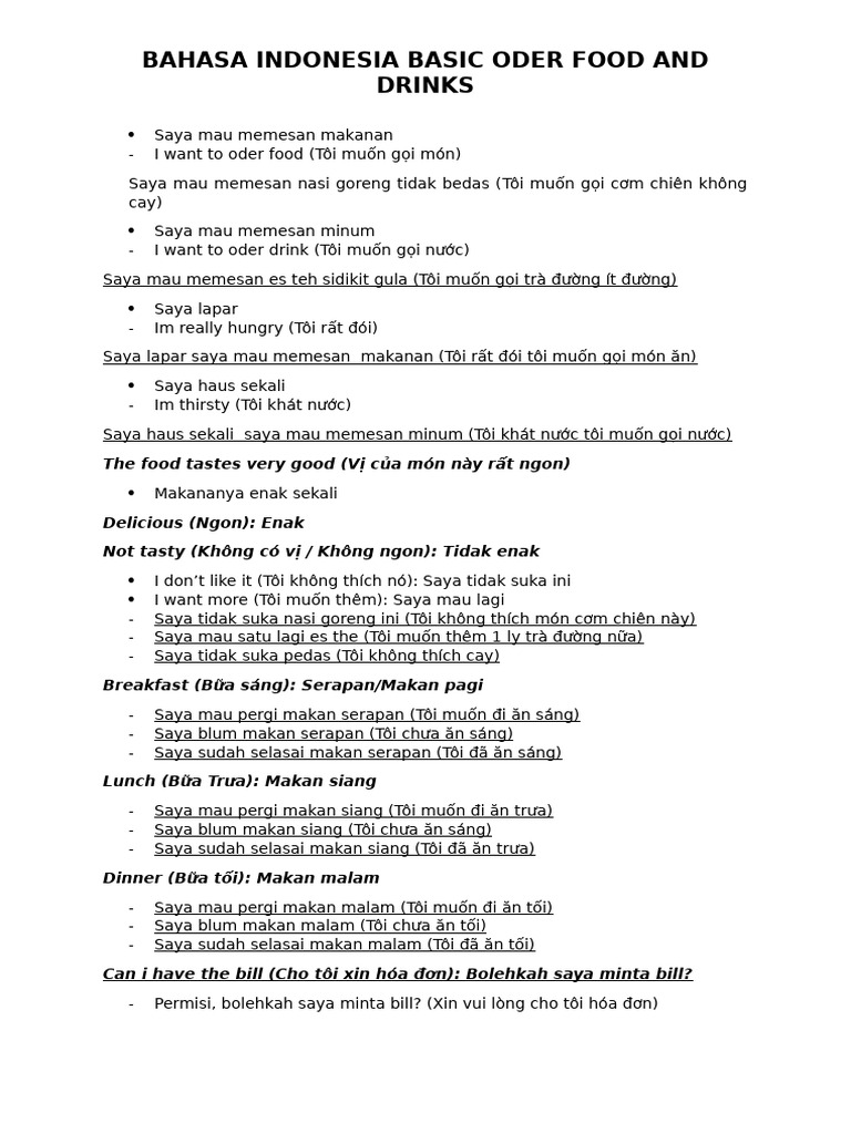 Bahasa Indonesia Basic Oder Food and Drinks | PDF
