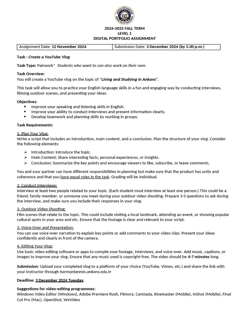2024-2025 Fall Term L1-Digital Portfolio Task 2 | PDF | Editing | You Tube