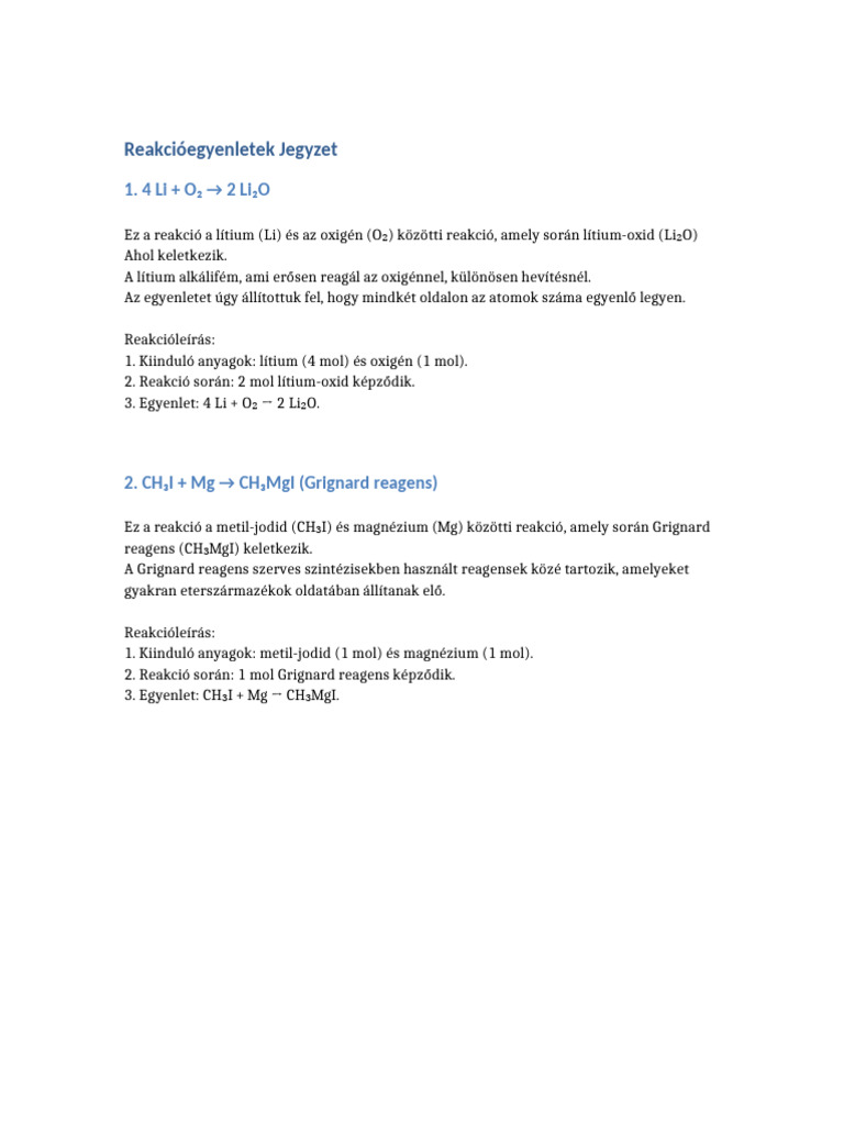 Reakcioegyenletek Jegyzet | PDF