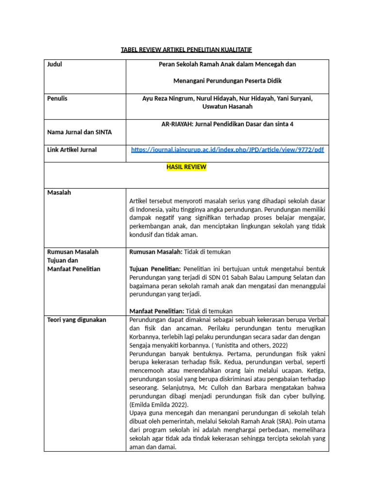 Tabel Review Artikel Jurnal Penelitian Kualitatif | PDF