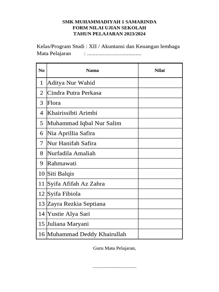 FORM NILAI UJIAN | PDF