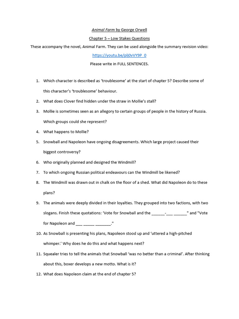 Animal Farm Chapter 5 Study Questions | PDF