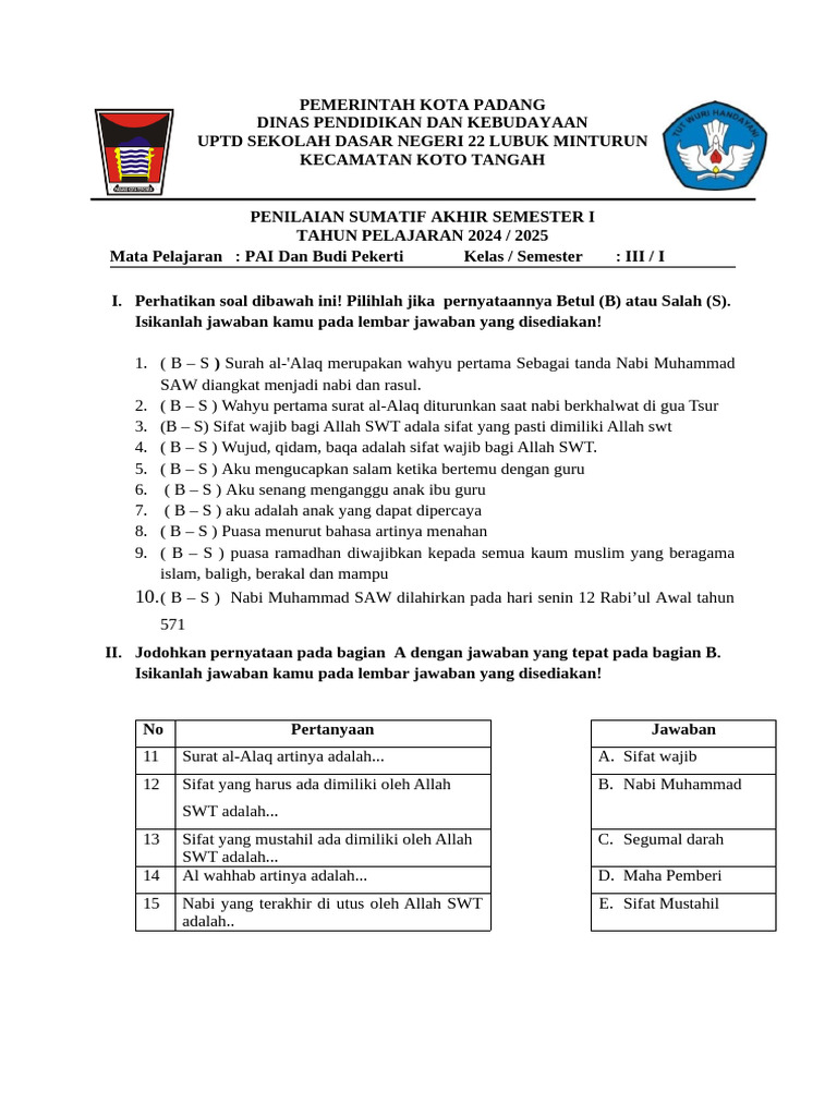 Soal & LJK Pas Pai Kelas 3 Semester 1 2024-2025-Romi | PDF