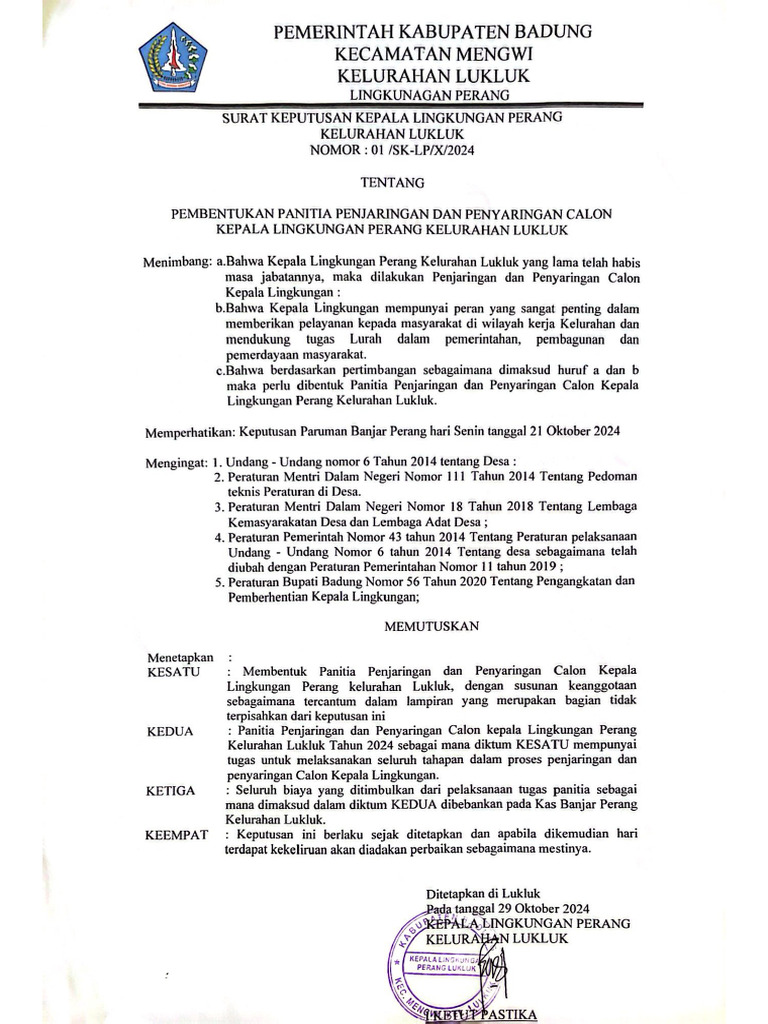 SK Pembentukan Panitia Penjaringan dan P | PDF