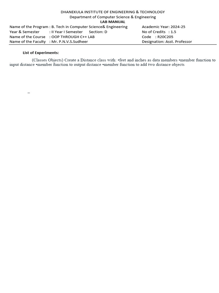 C++ OOP Lab Manual for B.Tech Students | PDF | Method (Computer ...