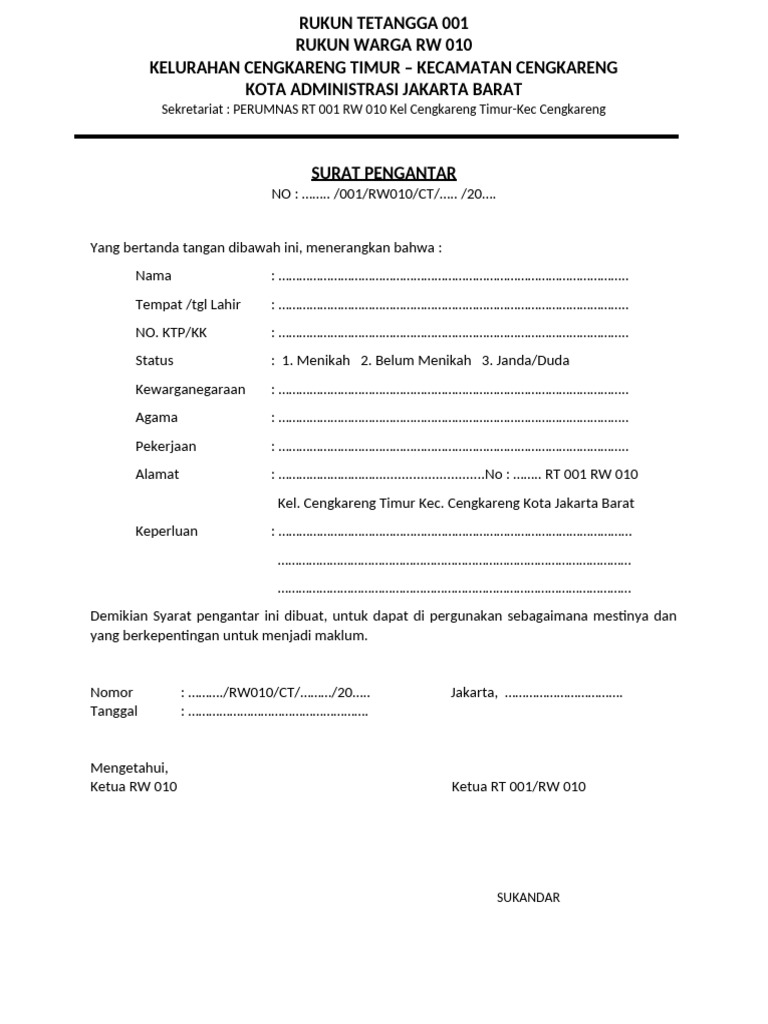 Surat Pengantar RT 001 Cengkareng | PDF