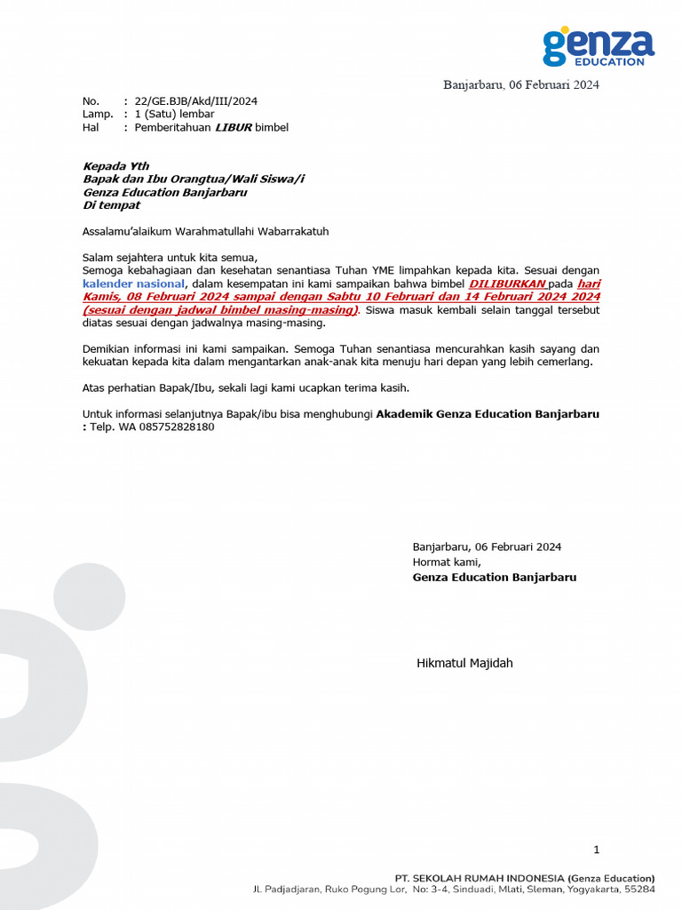 Pemberitahuan Libur Bimbel Genza 2024 | PDF