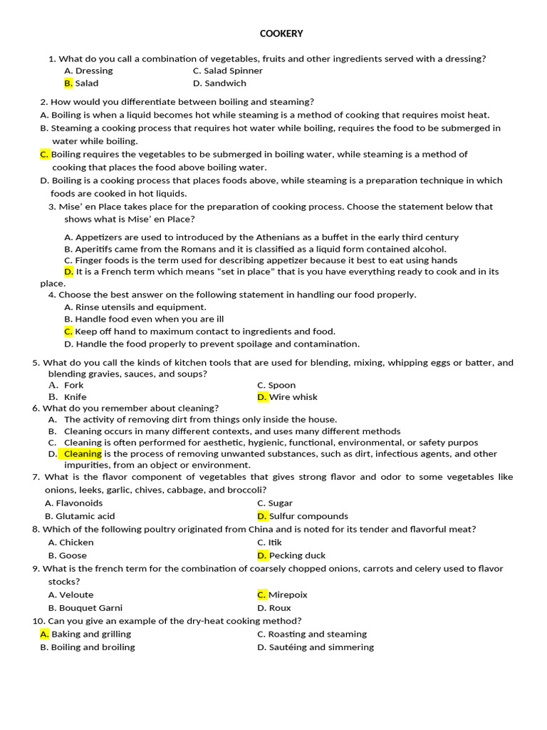 For Placement Test - Cookery | PDF | Cooking | Food And Drink Preparation