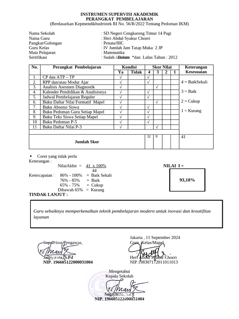 Instrumen Supervisi Akademik (Kurmer) SDN Kapuk 14 PG - Heri | PDF