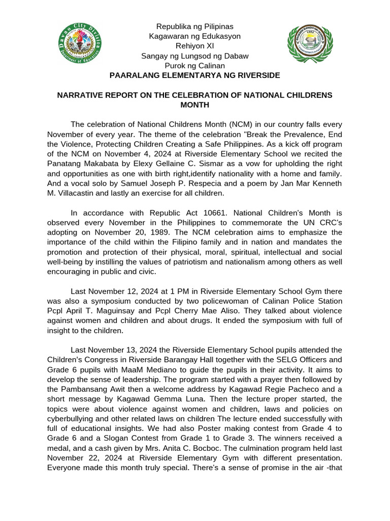 Narrative Report On The Celebration of National Childrens Month | PDF