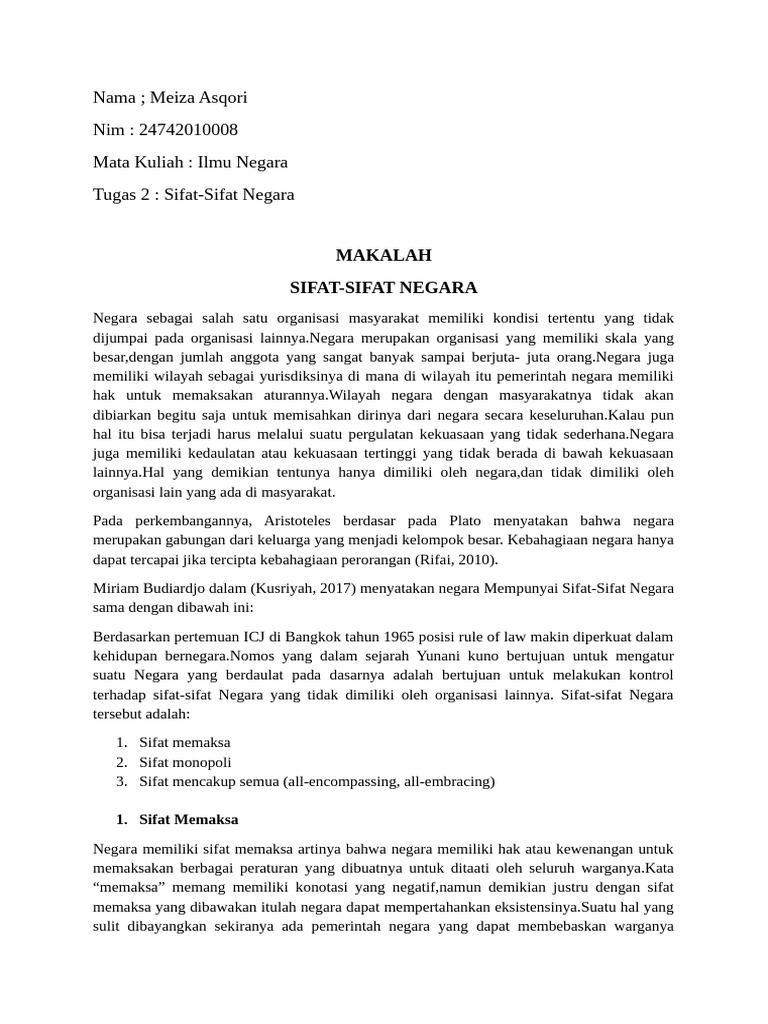 Makalah Ilmu Negara Sifat-Sifat Negara | PDF