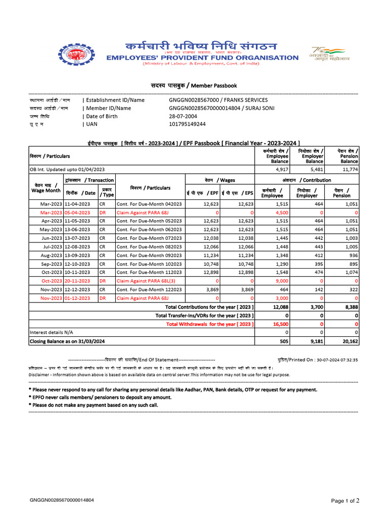 EPF Passbook Summary 2023-2024 | PDF | Pension | Public Finance