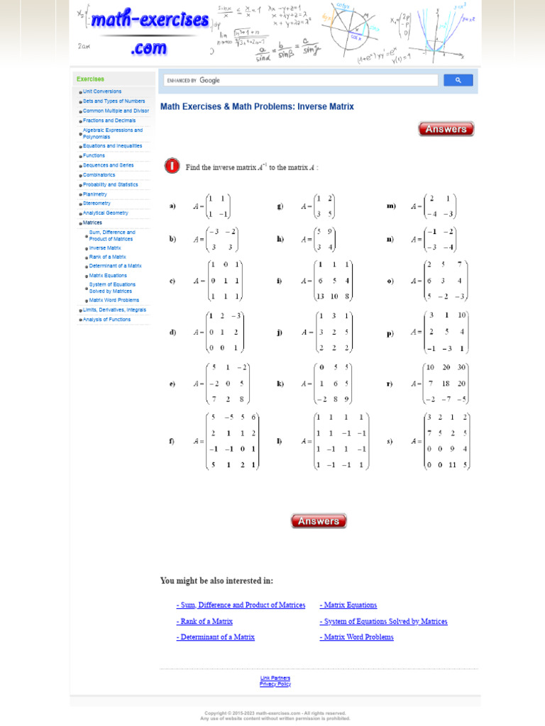 Math Exercises & Math Problems_ Inverse Matrix | PDF Math Exercises & Math Problems_ Inverse Matrix | PDF