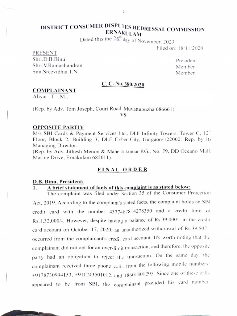 2023 - Kerala SCDRC - Aliyar TM V Ms SBI Cards | PDF | Banks | Legal ...