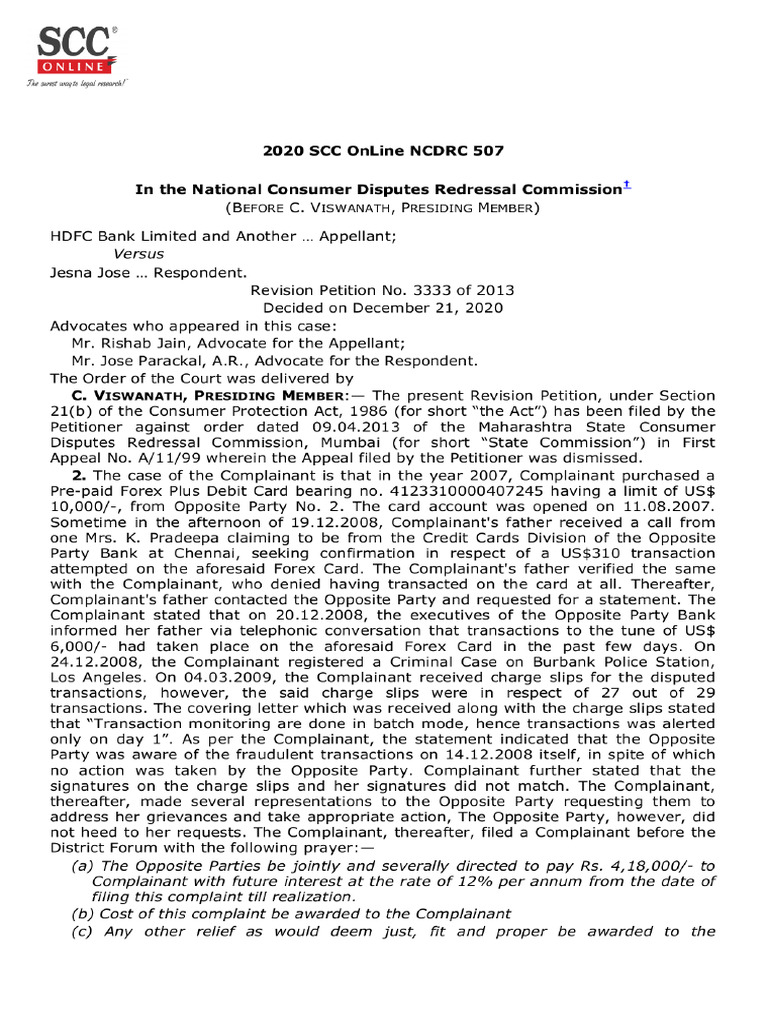 2020 - NCDRC - HDFC Bank Limited v. Jesna Jose, 2020 SCC Online NCDRC ...