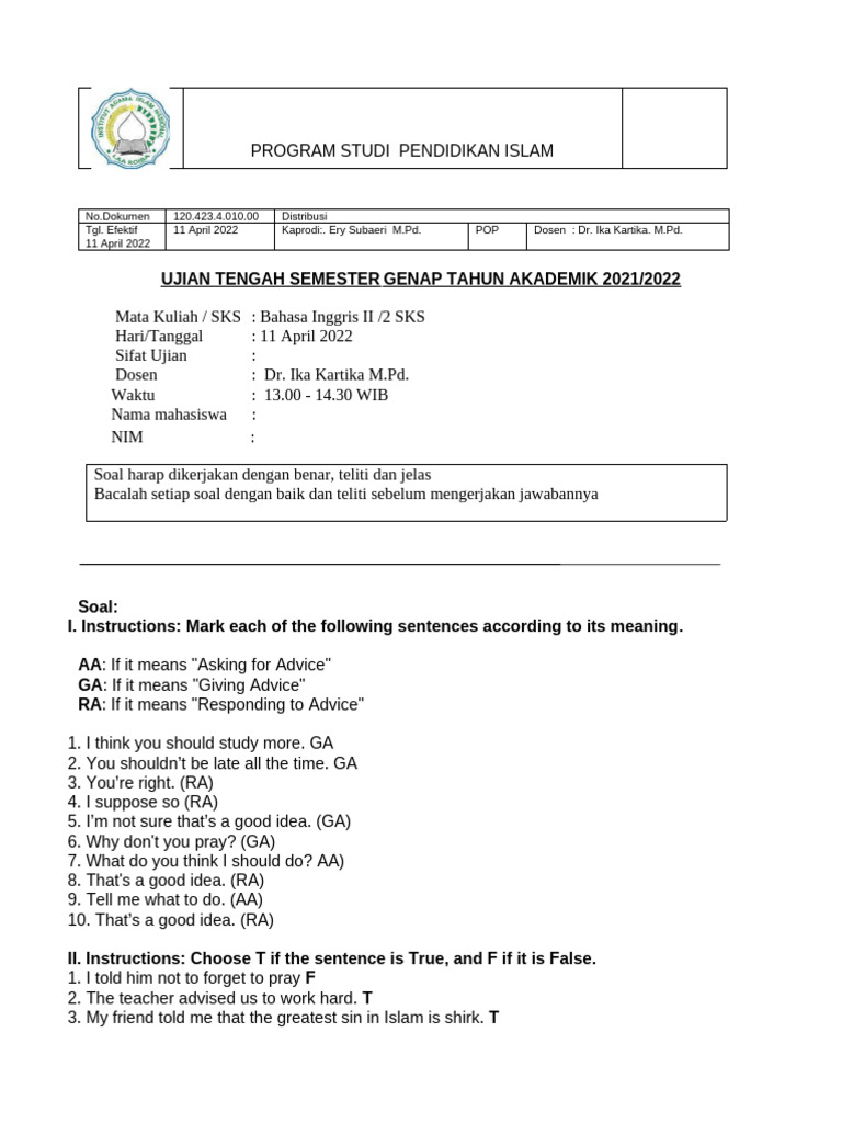 UTS Bahasa Inggris II, 11 April 2022 OK | PDF
