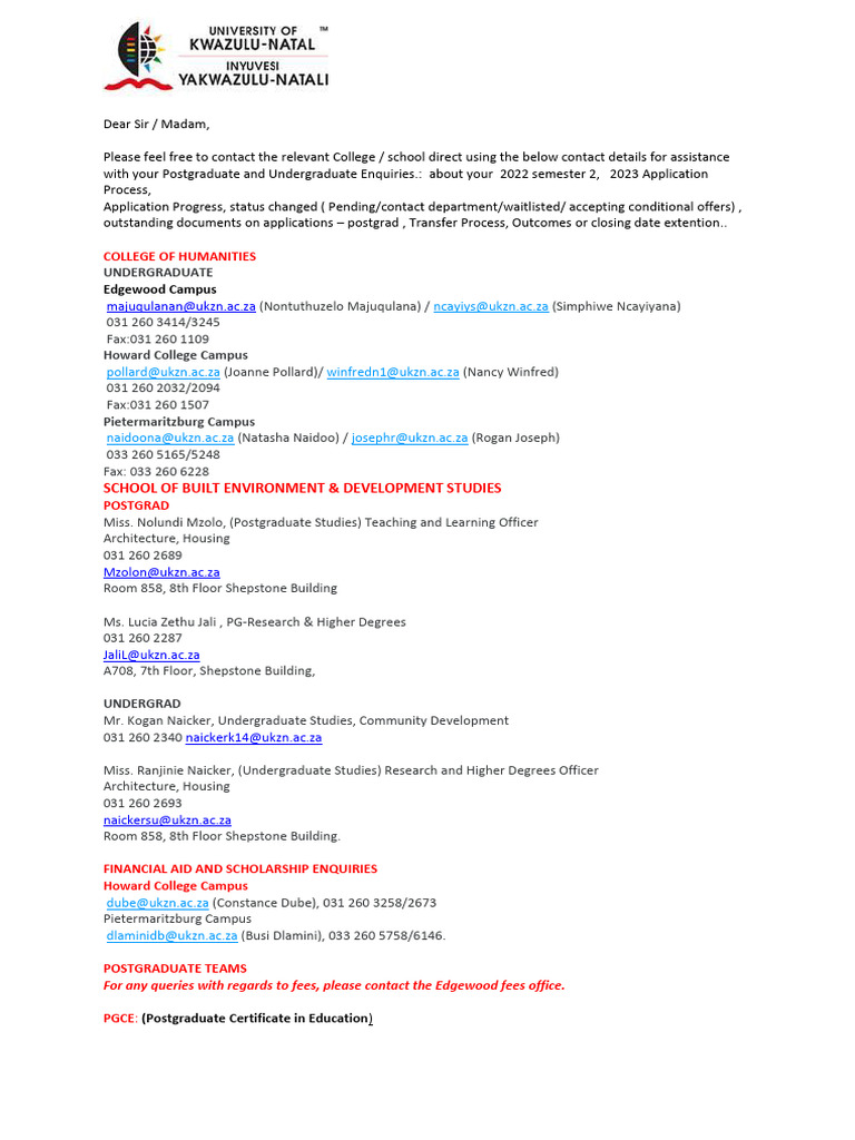 UKZN Postgraduate & Undergraduate Contacts | PDF | Postgraduate ...