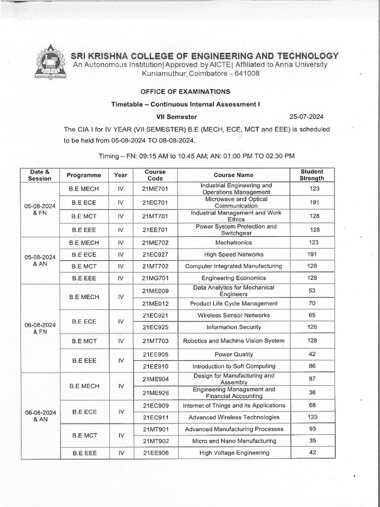 CIA I TT - Updated - VII Semester 05th To 8th Aug 2024 | PDF