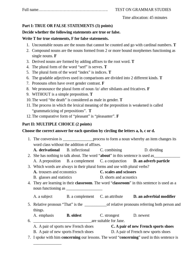 Grammar Studies Test A 2024 | PDF | Adjective | Word