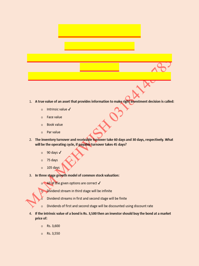 MGT201 MCQs Mids 2024 Mam Mehwish | PDF | Present Value | Dividend