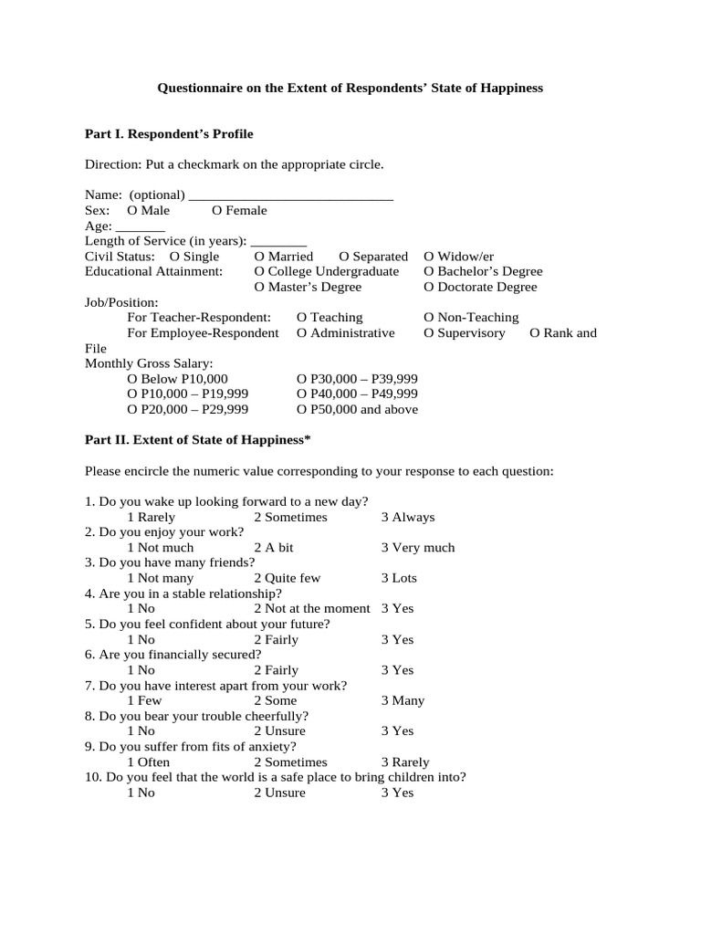 Questionnaire-on-Extent-of-State-of-Happiness (1) - 063320 | PDF