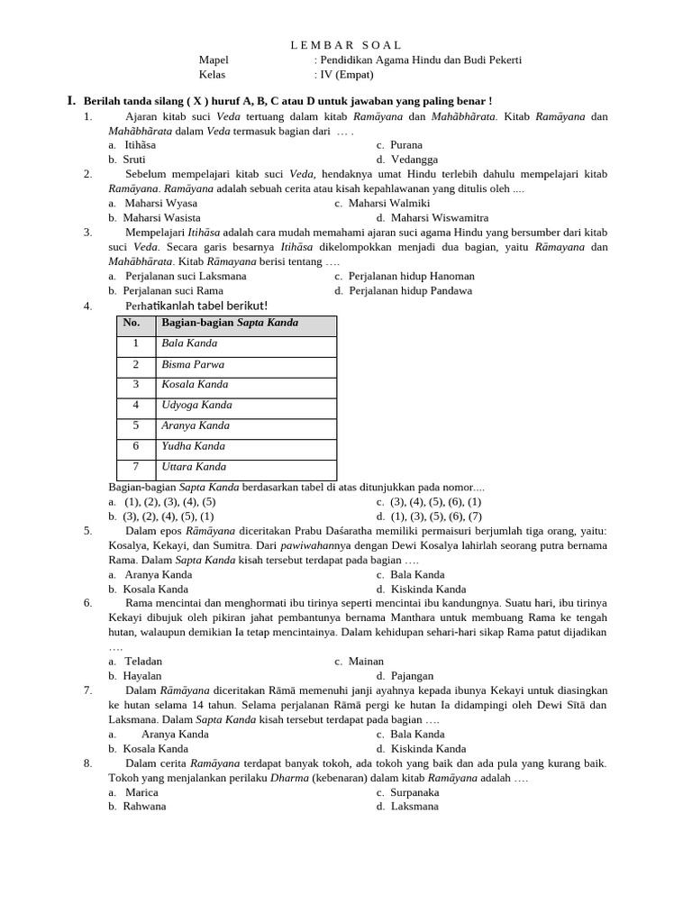 Kelas 4 Soal Pas Agama Hindu 2023-2024 | PDF