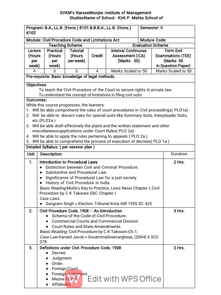 Course Outlines - Sem V - Civil Procedure Code | PDF | Judiciaries ...