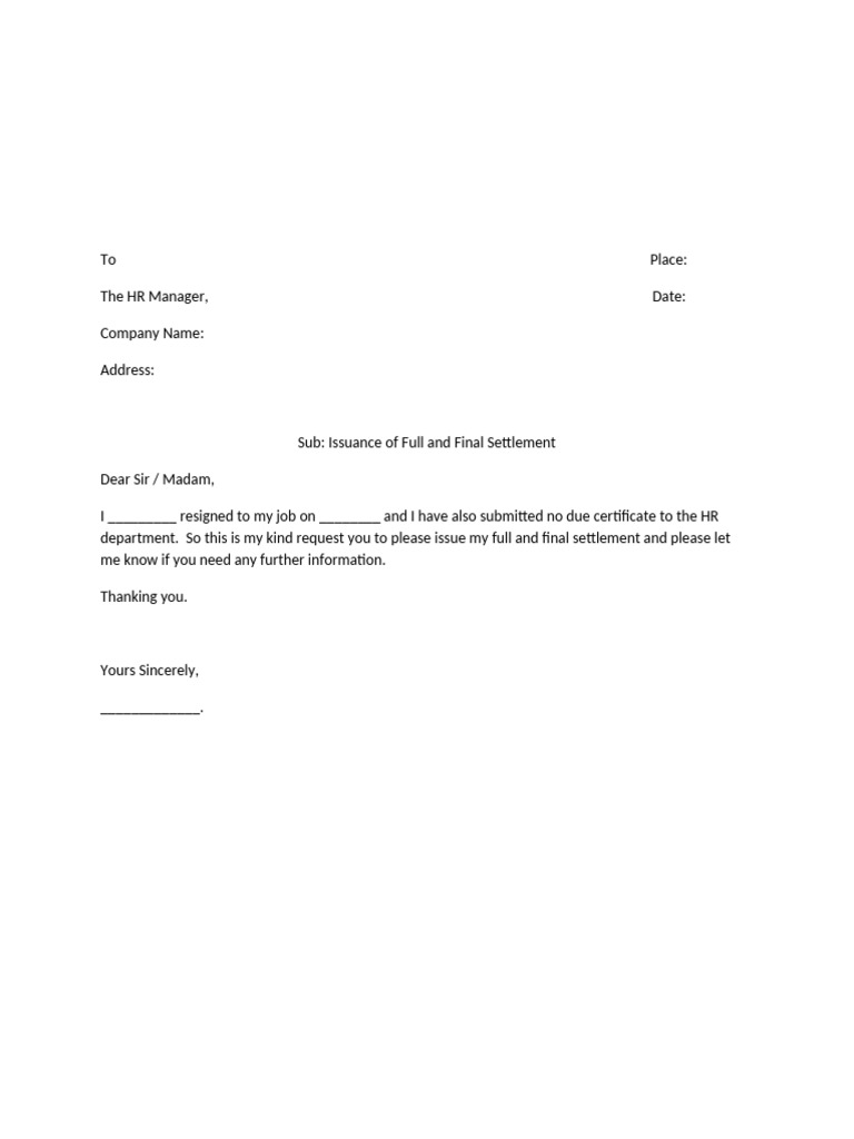 Request for Full and Final Settlement | PDF